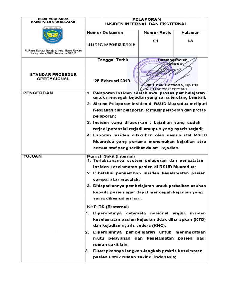 PMKP 9 EP 1, SPO Pelaporan Insiden Internal Dan Eksternal | PDF