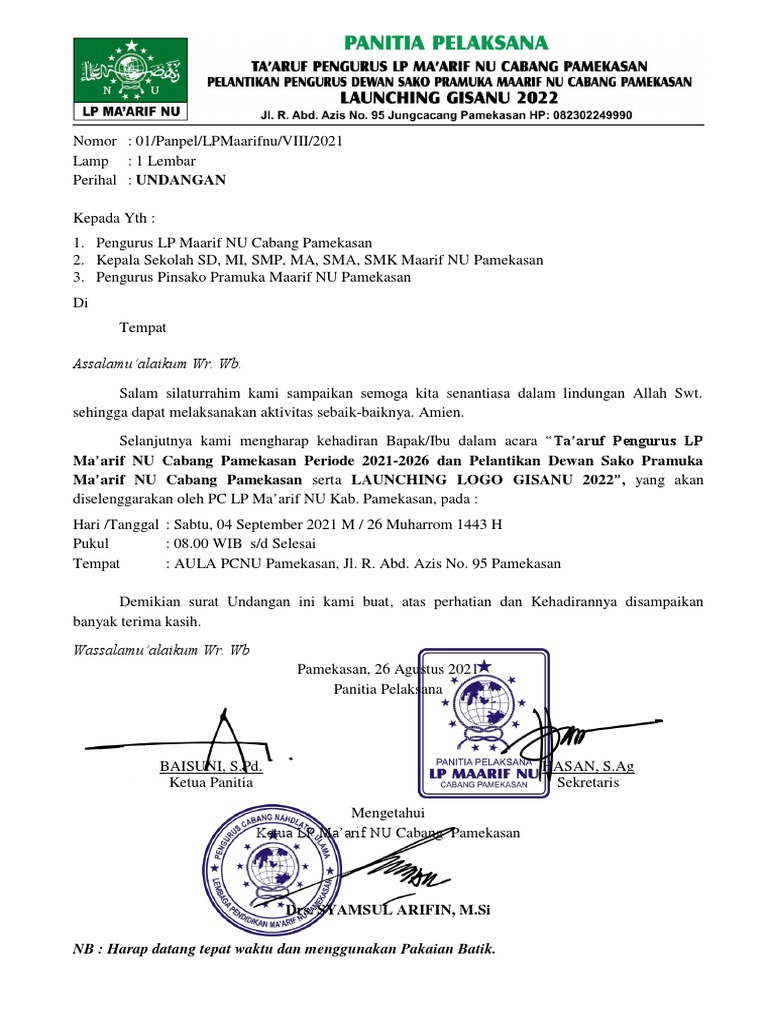 Undangan Ta'aruf dan Pelantikan LP Maarif NU | PDF | Kajian Bahasa ...