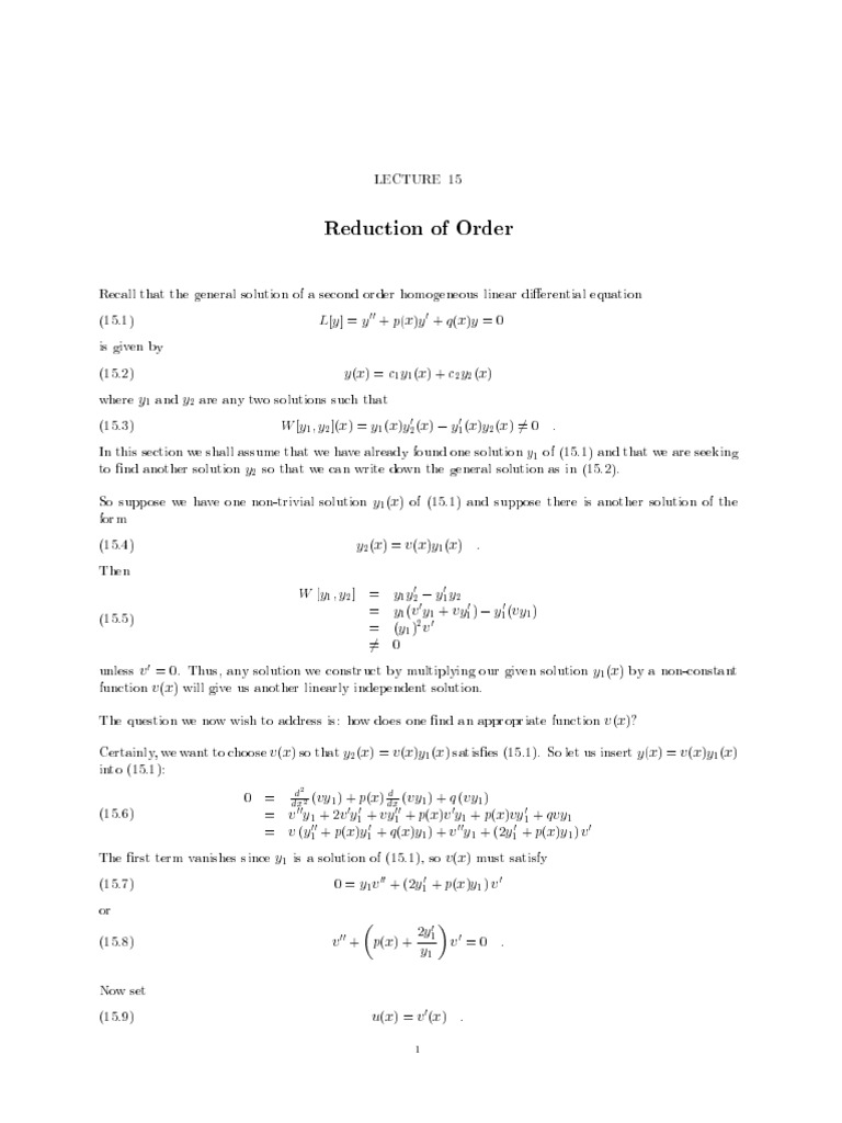 Reduction of Order in Differential Equations | PDF | Subtraction ...