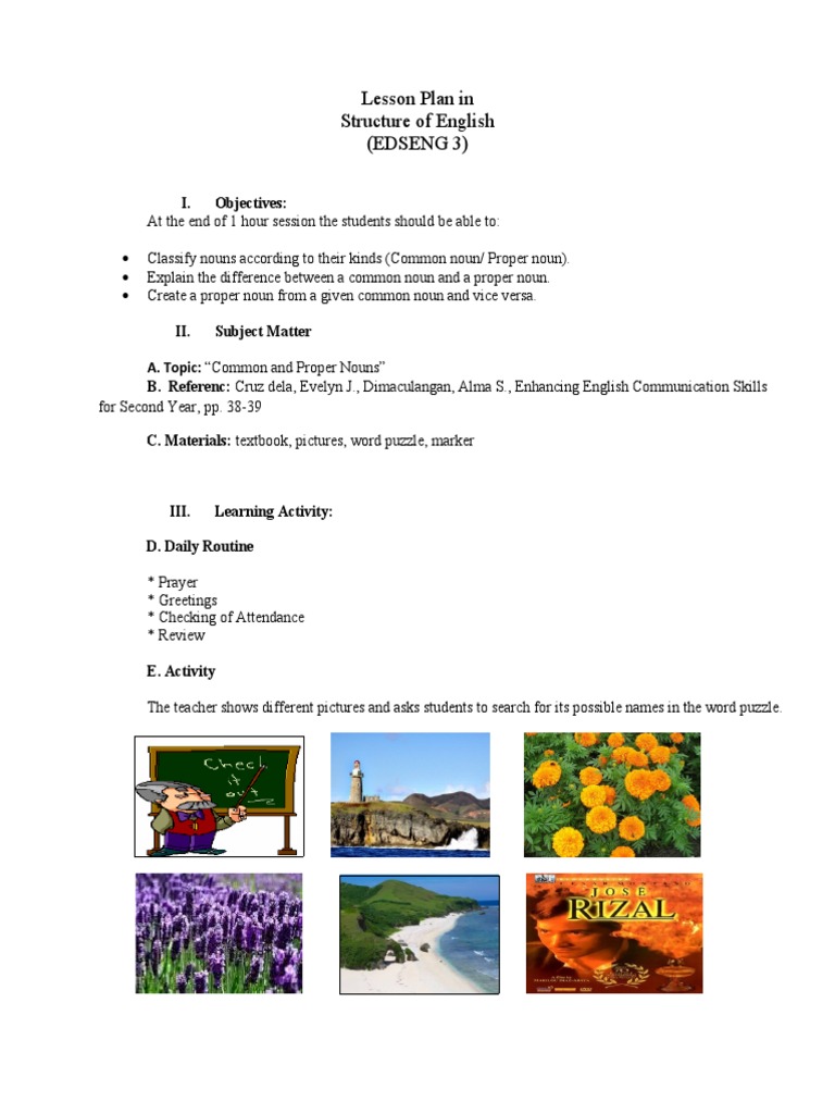 Lesson Plan in Structure of English (Edseng 3) | PDF | Lesson Plan | Noun