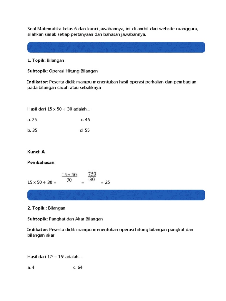 Soal Matematika Kelas 6 Dan Kunci Jawabannya | PDF
