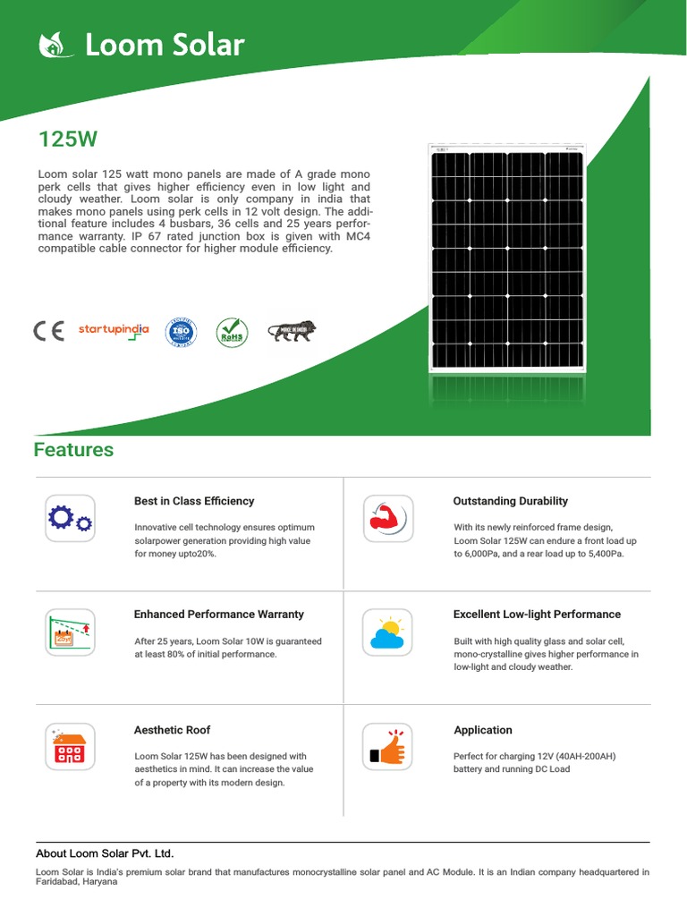 Loom Solar 125 Watt Data Sheet | PDF | Solar Panel | Electromagnetism