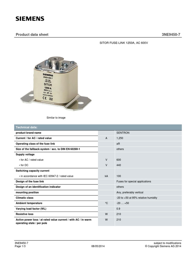 Product Data Sheet 3NE9450-7: Sitor Fuse-Link 1250A, Ac 600V | PDF ...