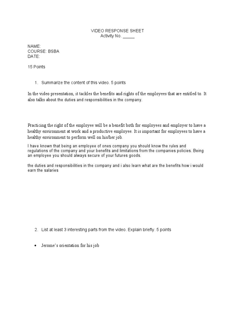 Video Response Sheet | PDF