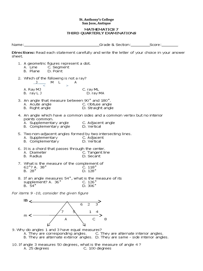 Grade 7 Math 3rd Quarter Exam Answers | PDF | Angle | Triangle