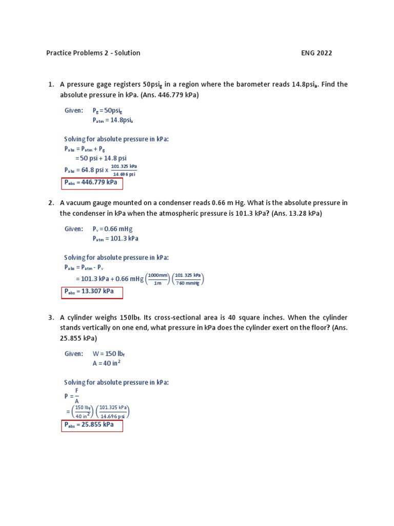 1 Practice Problems (2 - 2) | PDF | Pressure Measurement | Pressure
