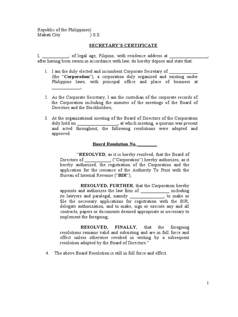 Secretary's Certificate for BIR Registration | PDF | Government | Justice