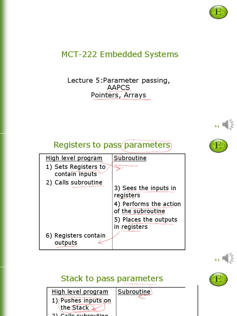 MCT-222 Embedded Systems: Lecture 5:parameter Passing, Aapcs Pointers, Arrays | PDF | Subroutine ...