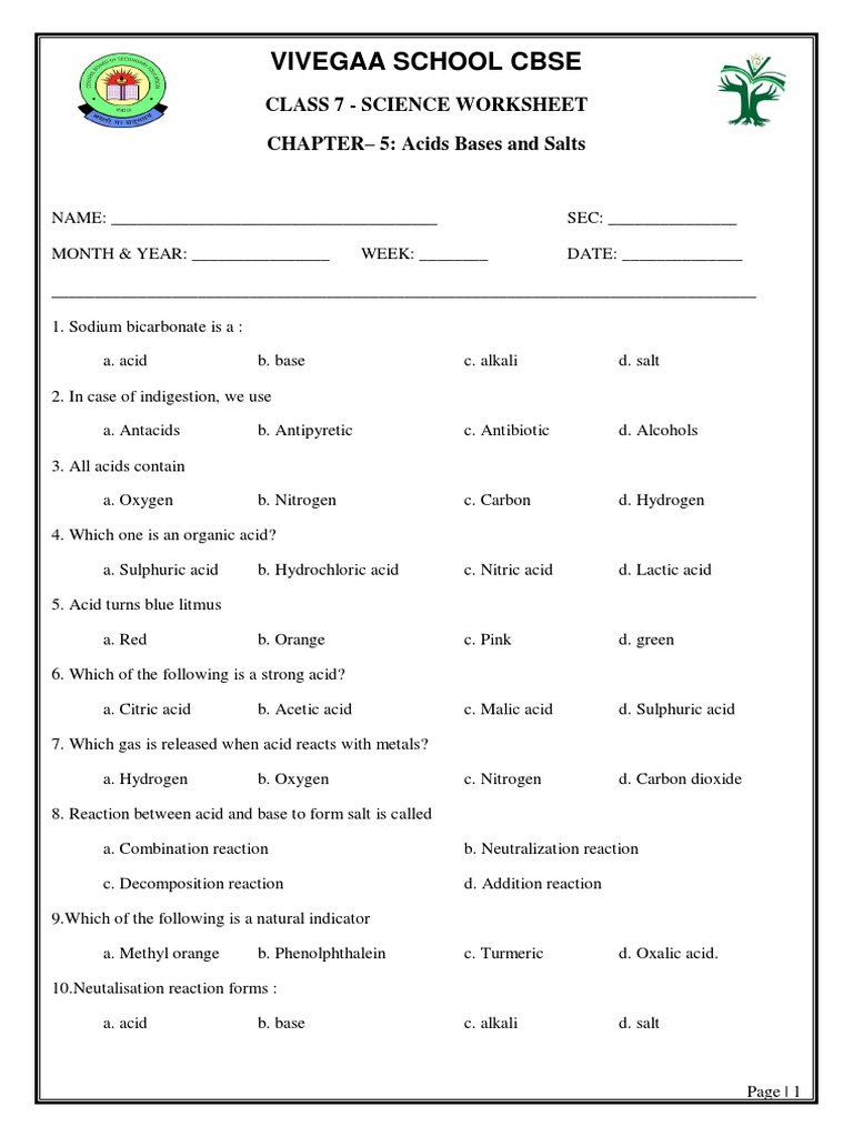 Vivegaa School Cbse: Class 7 - Science Worksheet CHAPTER - 5: Acids ...