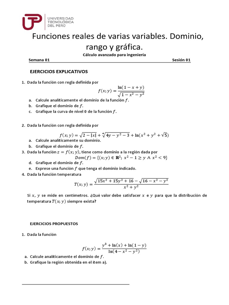 EJERCICIOS Sem01 - Ses01 - Funciones de Varias Variable | PDF | Función (Matemáticas) | Matemáticas