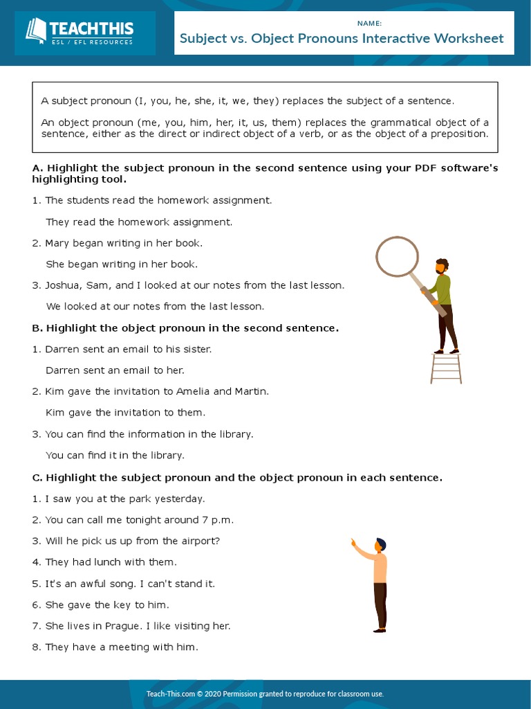 Subject Vs Object Pronouns Interactive Worksheet | PDF | Object ...