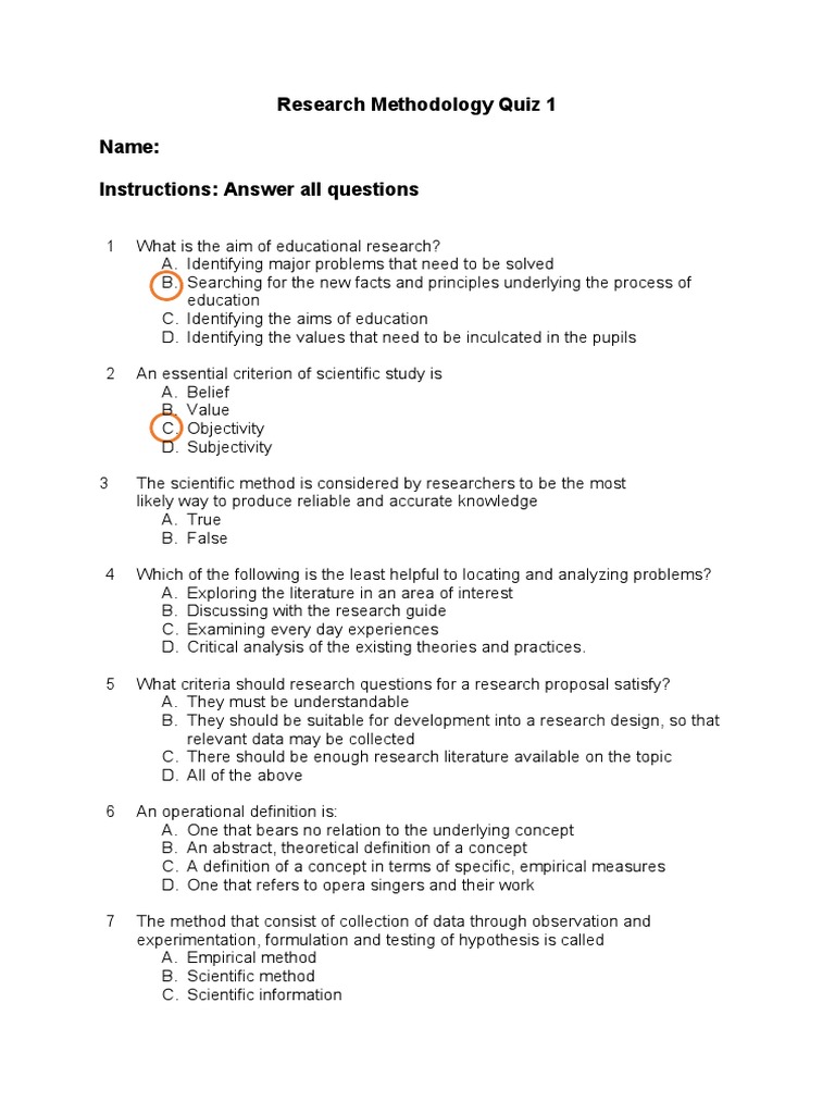 Research Methodology Quiz 1 Name: Instructions: Answer All Questions ...
