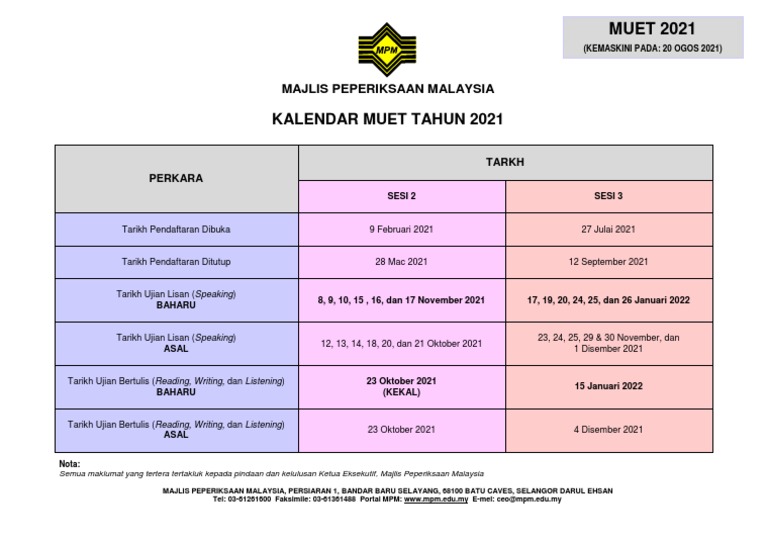Kalendar MUET Tahun 2021 - Edisi 2082021 Portal | PDF