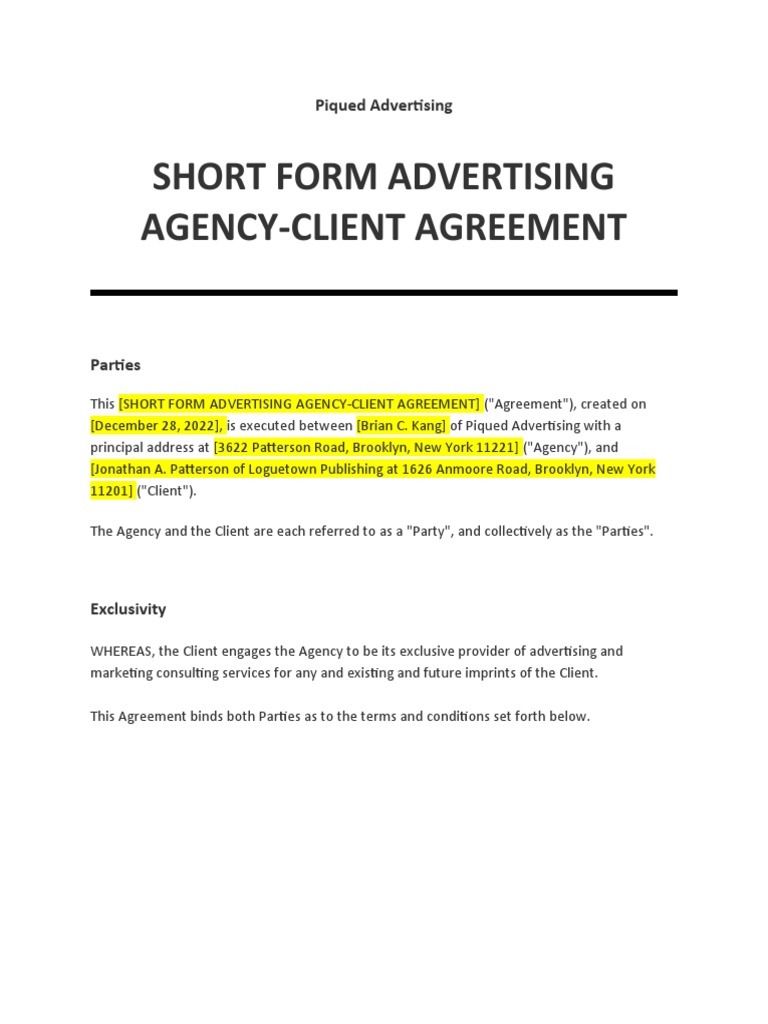 Short Form Advertising Agency-Client Agreement Template | PDF | Breach ...