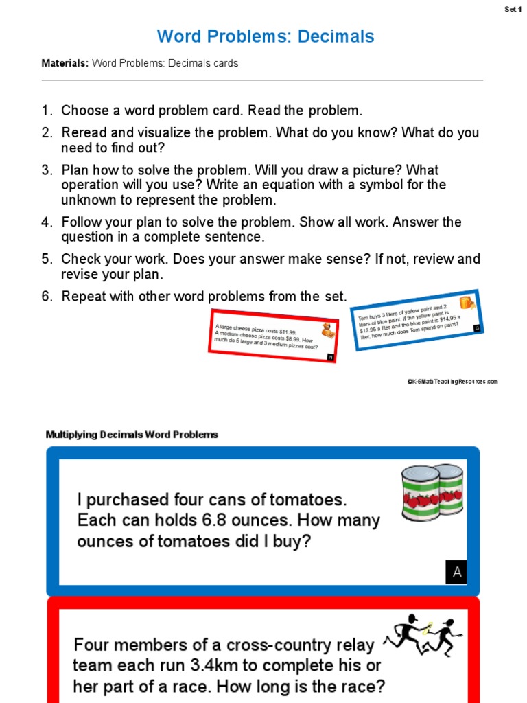 Materials: Word Problems: Decimals Cards | PDF | Home & Garden