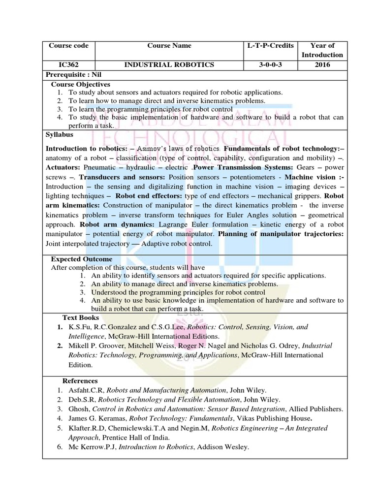 Intelligence, Mcgraw-Hill International Editions. Robotics: Technology ...