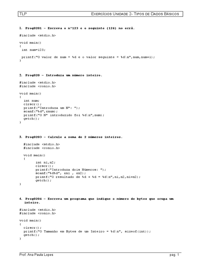 Exercicios Unid2 | PDF | Tipo de dados | Dados de computador