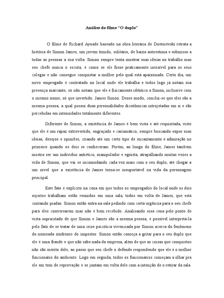 Análise Do Filme "O Duplo" | PDF | Moralidade | Jacques Lacan