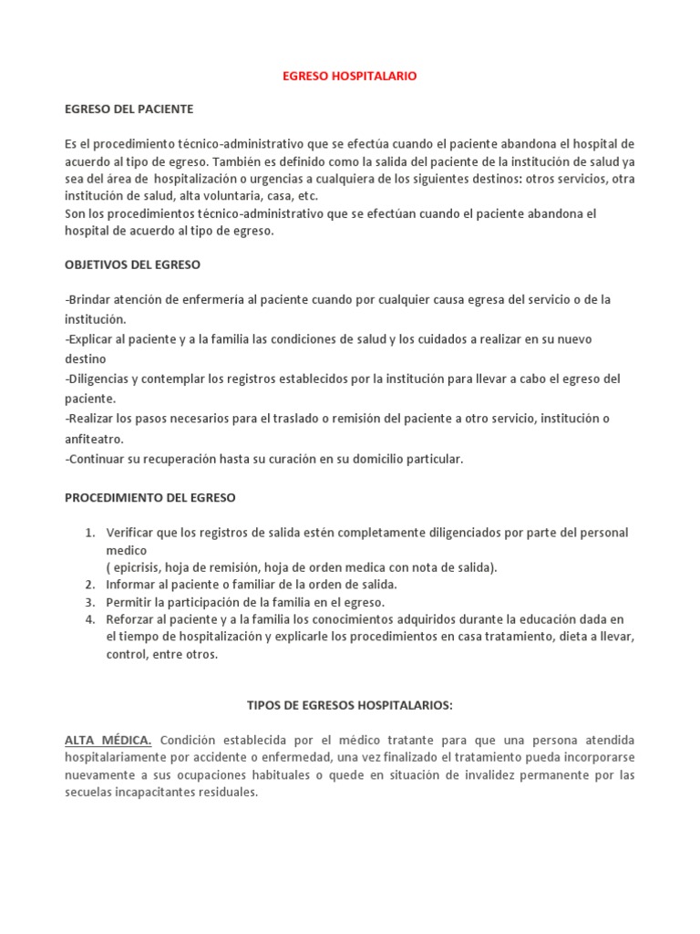 EGRESO HOSPITALARIO Final | PDF | Hospital | Enfermería