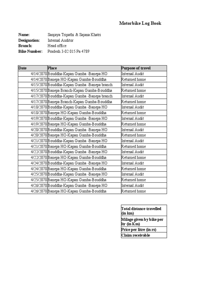 Name: Designation: Branch: Bike Number:: Motorbike Log Book | PDF ...