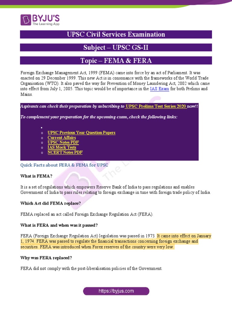 Understanding FEMA and FERA: A Comparison of India's Foreign Exchange Management Acts | PDF ...