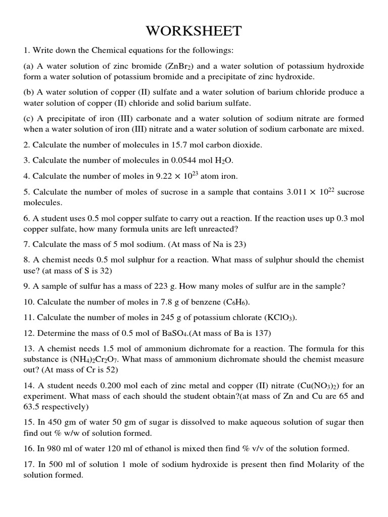 Stoichiometry and Mole Calculations Worksheet | PDF | Mole (Unit ...