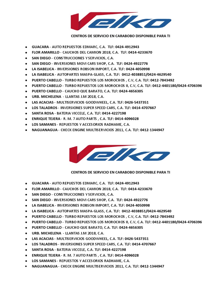 Centros de Servicio Velko | PDF