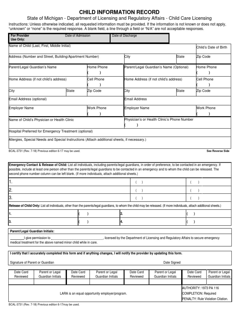 Michigan Child Information Record Form | PDF