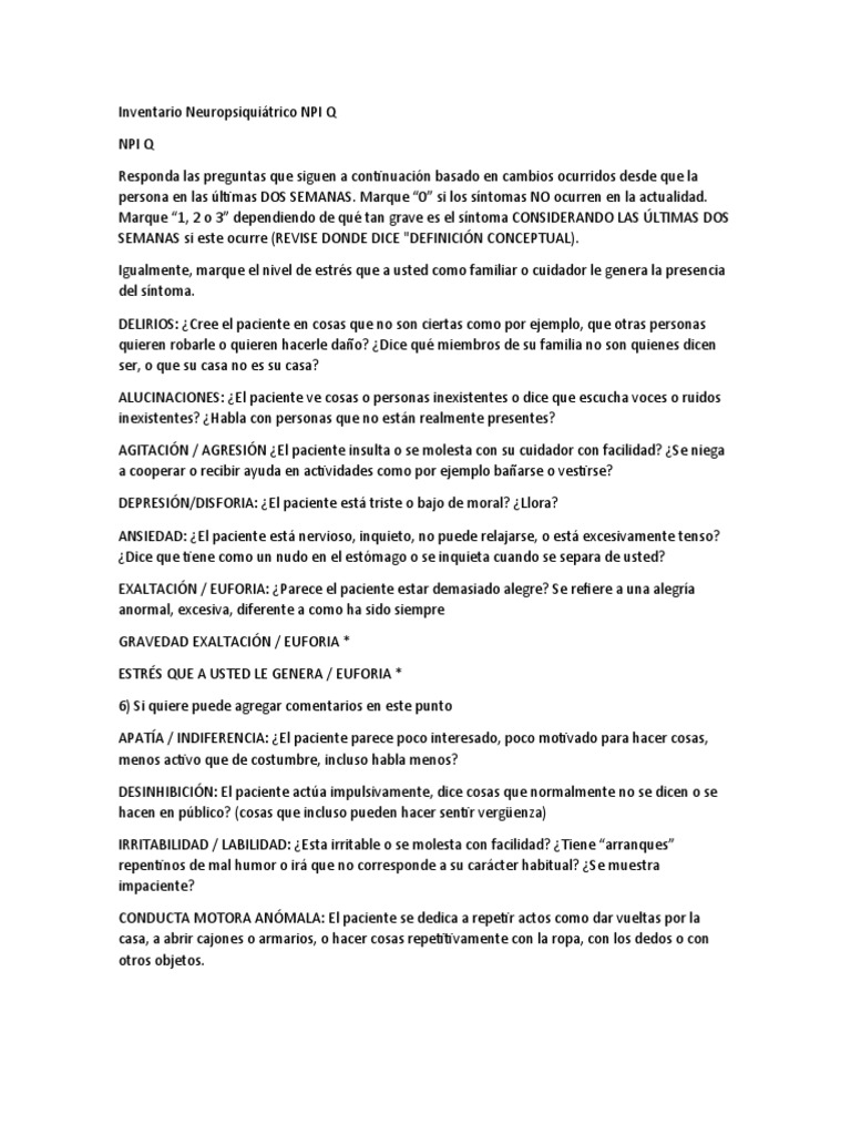 Inventario Neuropsiquiátrico NPI Q | PDF | Estrés (biología) | Medicina ...