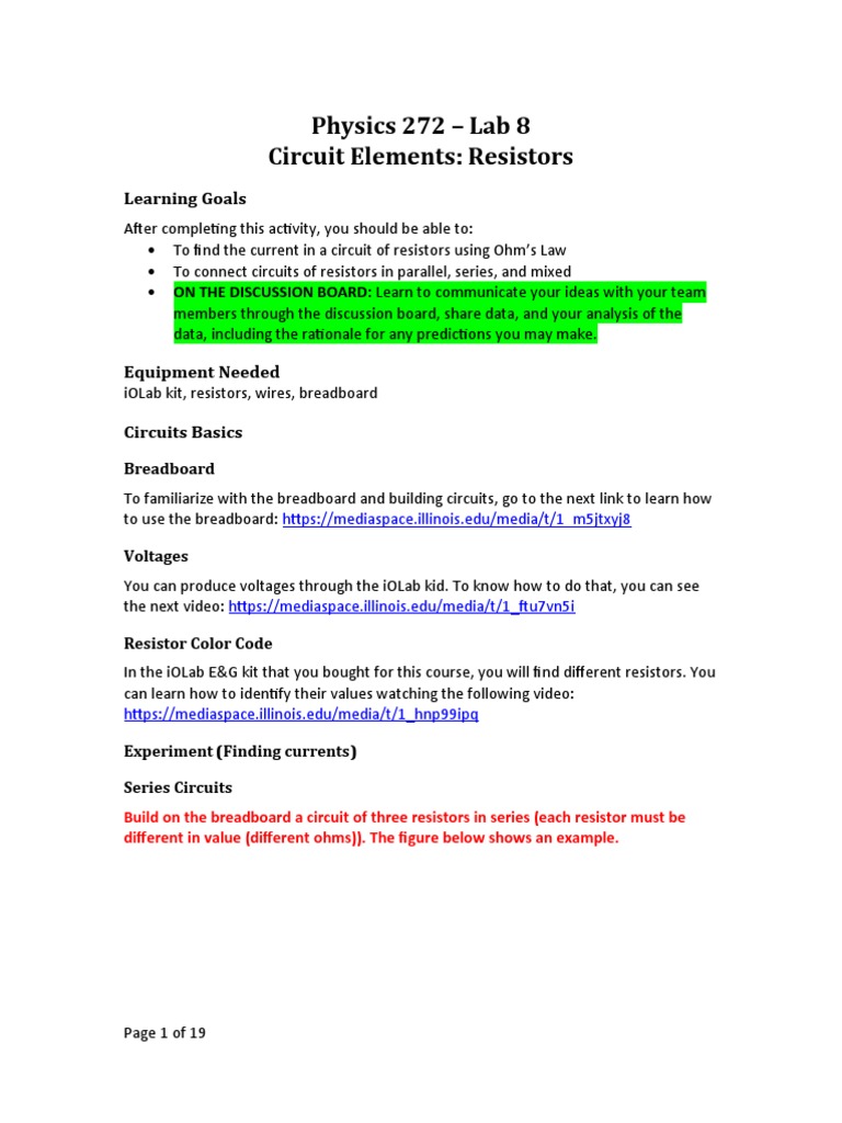 Physics 272 - Lab 8 Circuit Elements: Resistors: Learning Goals | PDF | Series And Parallel ...