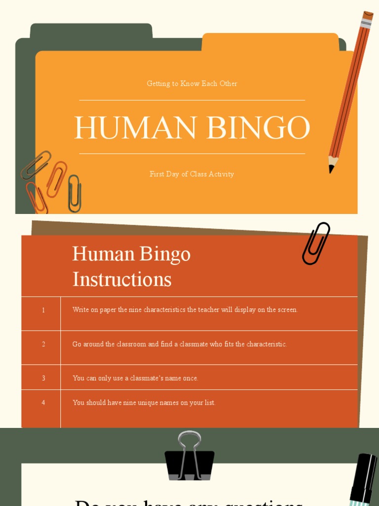 Yellow and Green School Supplies Ice Breaker Human Bingo Education ...