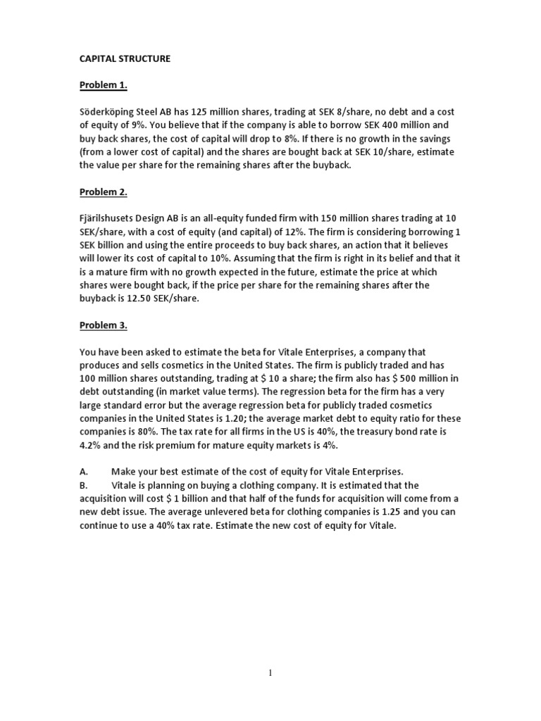 Capital Structure Problem 1 | PDF | Cost Of Capital | Stocks