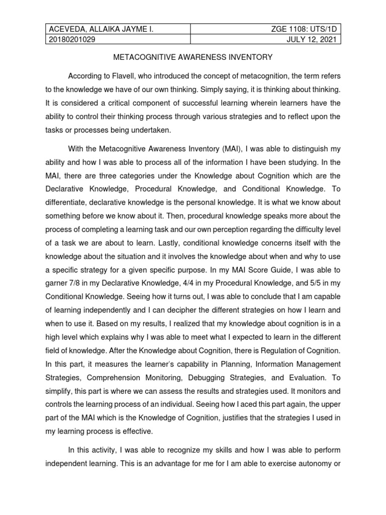 Metacognitive Awareness Inventory | PDF | Metacognition | Knowledge