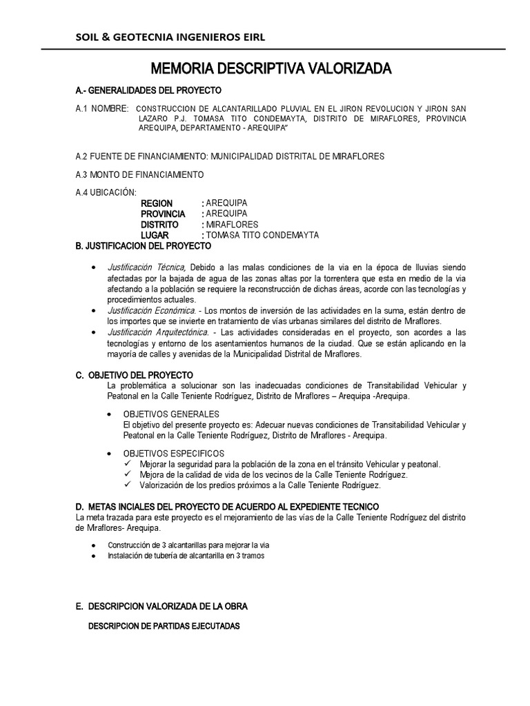 Memoria Descriptiva Valorizada Tomasa Tito | PDF | Hormigón | Ingeniería de Edificación