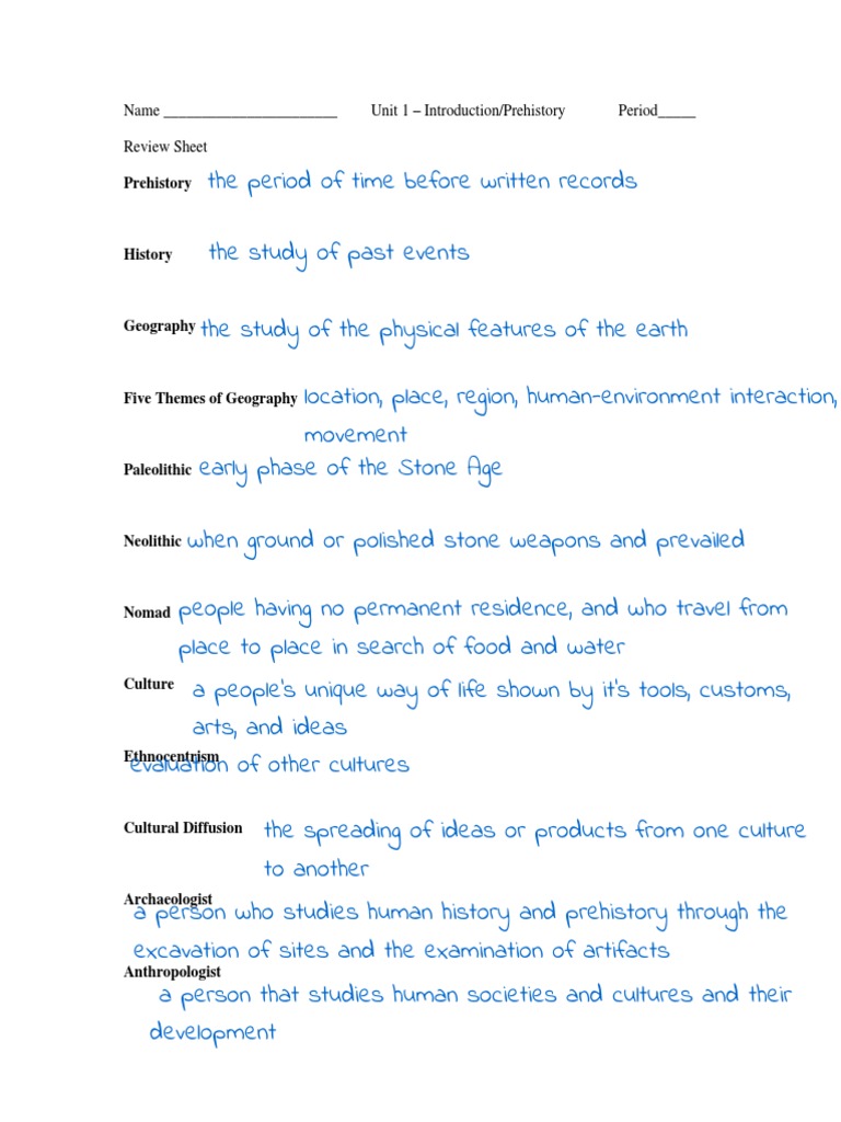 Prehistory: Name - Unit 1 - Introduction/Prehistory Period - Review ...