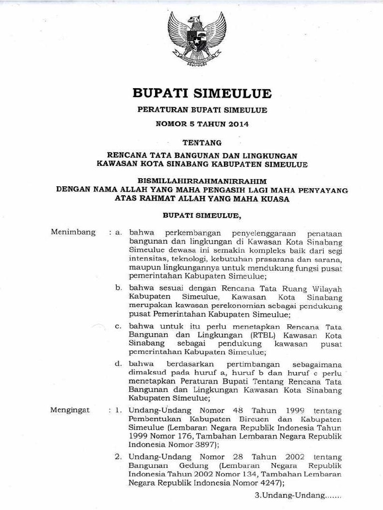PERBUB RTBL Kabupaten Simeulue Nomor 5 Tahun 2014 | PDF