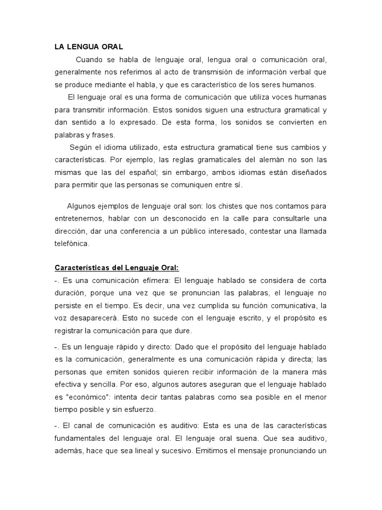 Características y Funciones del Lenguaje Oral | PDF | Comunicación | Habla