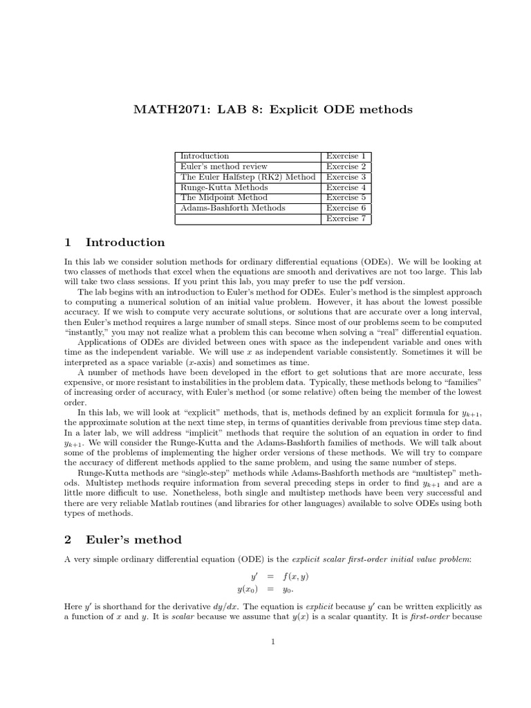 MATH2071: LAB 8: Explicit ODE Methods | Download Free PDF | Ordinary ...