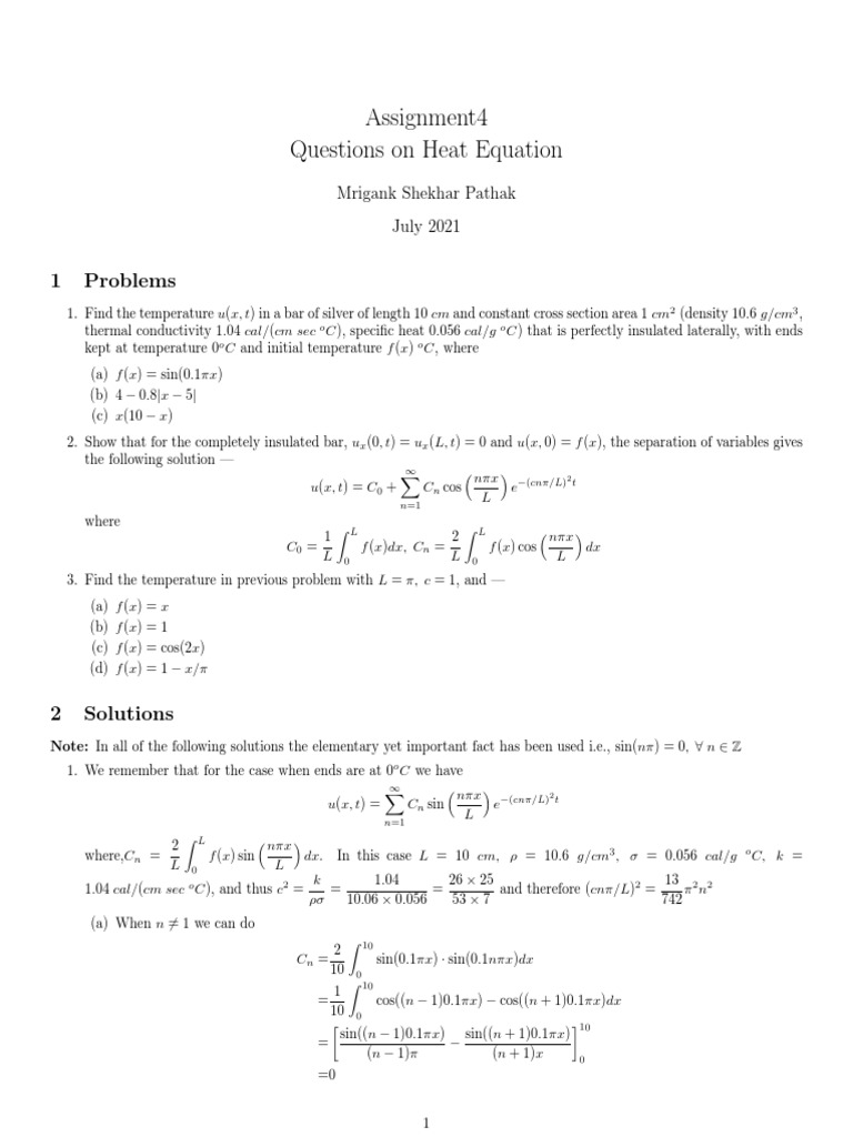 (Mrigank) Assignment4 Questions On Heat Equation | PDF | Trigonometric Functions | Mathematical ...