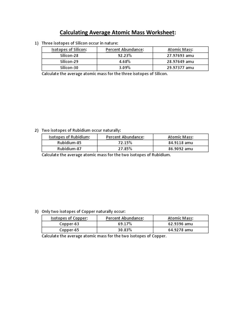 Calculating Average Atomic Mass Worksheet | PDF