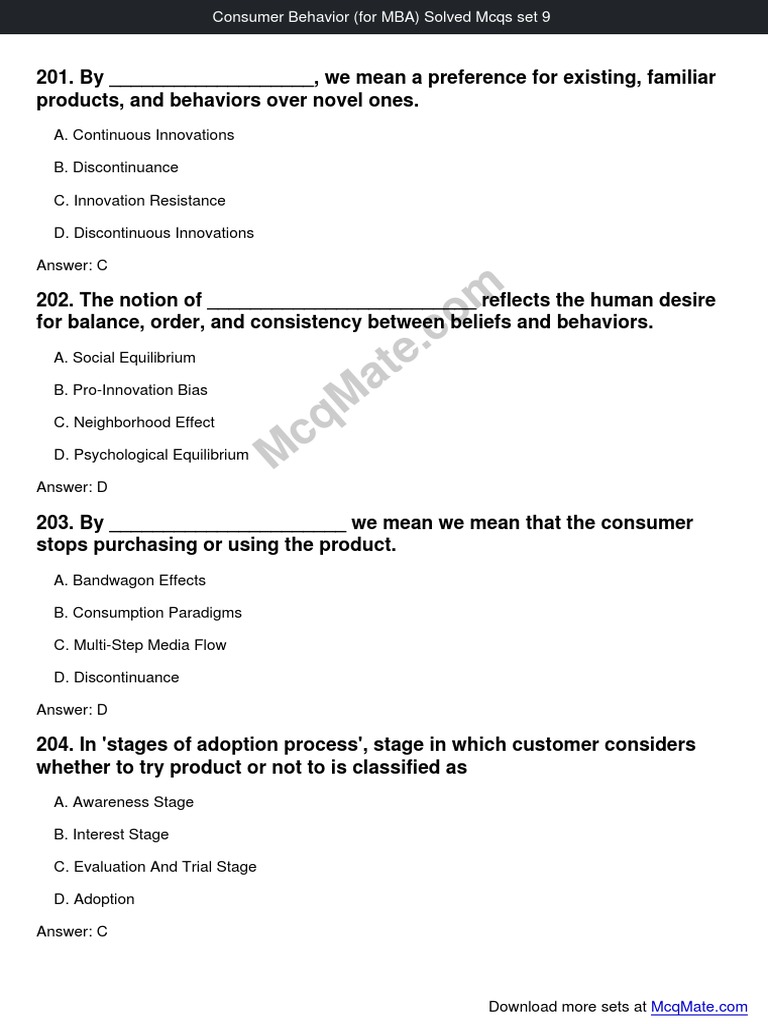 Consumer Behavior (For MBA) Solved Mcqs Set 9 | PDF | Consumer Behaviour | Behavior
