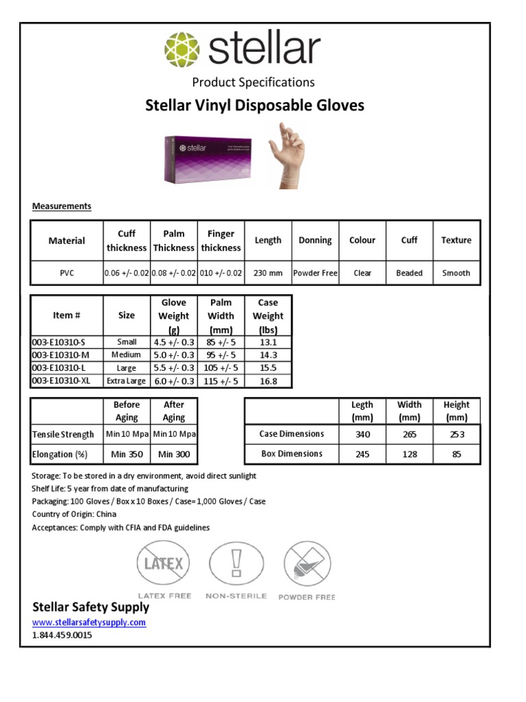 Stellar Vinyl Disposable Gloves: Product Specifications | PDF