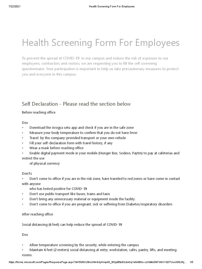 Health Screening Form For Employees | PDF | Health Sciences | Epidemiology