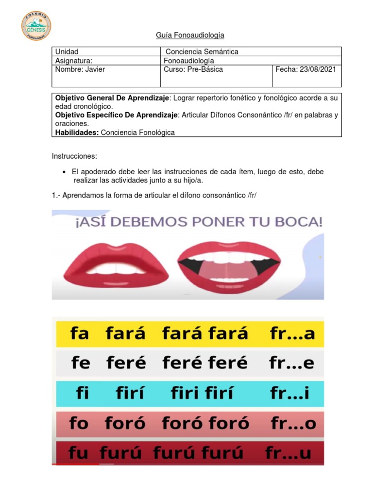 Guia Kinder Javier Azocar 23 Agosto Fonoaudiologia | PDF