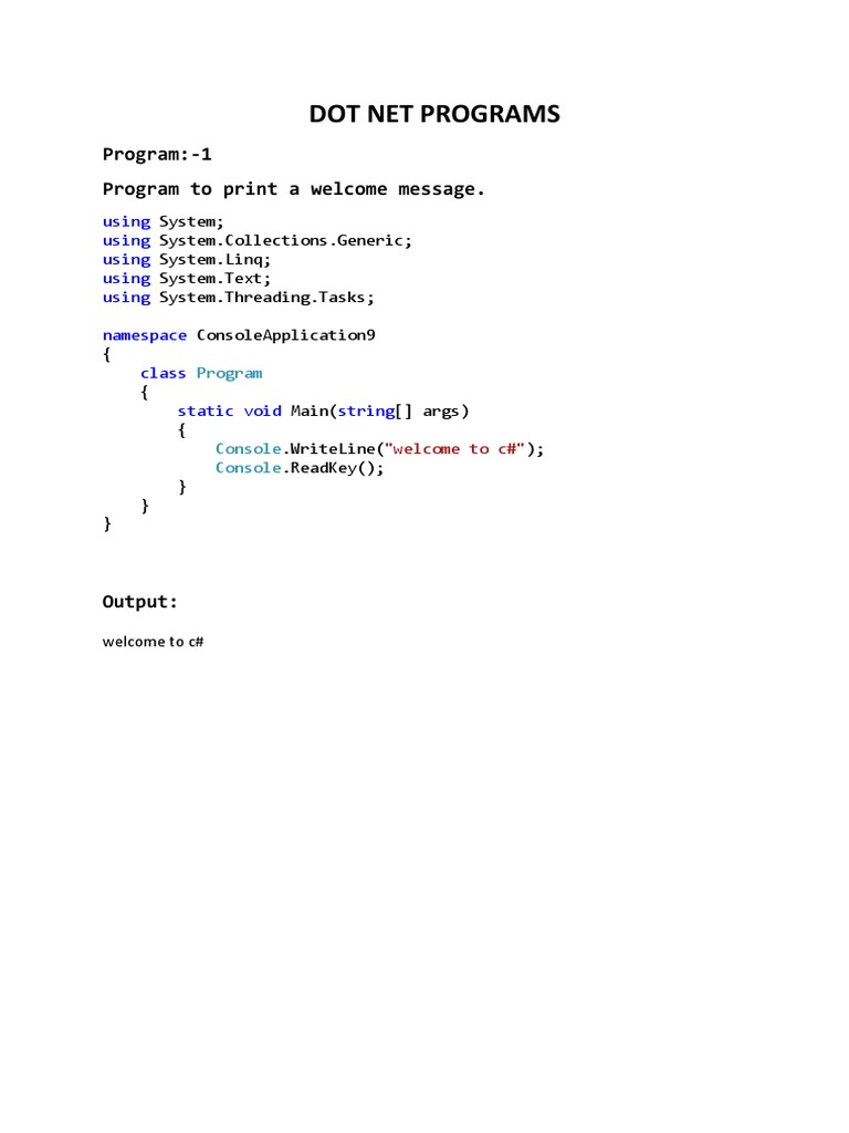 Dot Net Programs | PDF | C Sharp (Programming Language) | Language ...