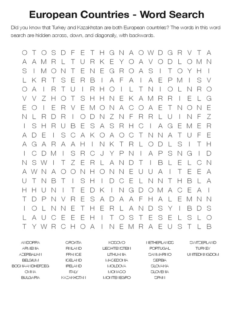 European Countries Word Search-Answer | PDF | National Sports Teams ...