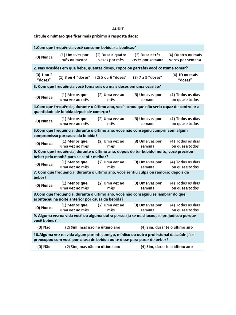 AUDIT - Escala para Avaliação de Dependência de Álcool | PDF | Bebidas ...