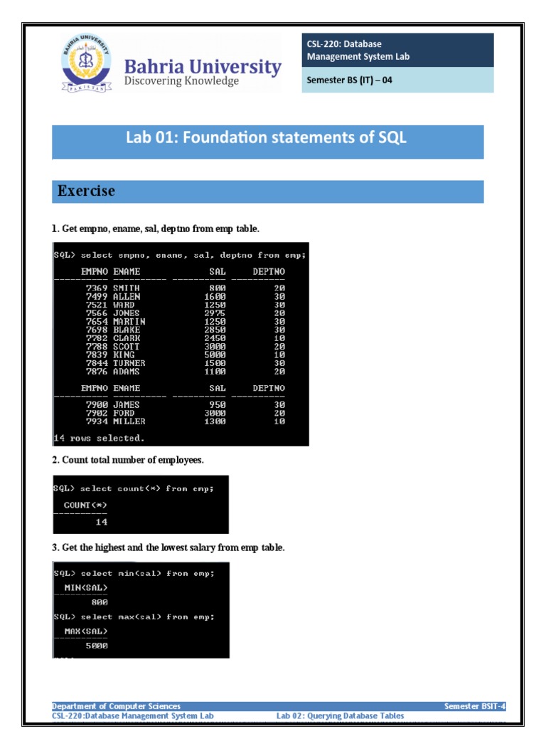 Lab 01: Foundation Statements of SQL: Exercise | PDF | Databases | Table (Database)