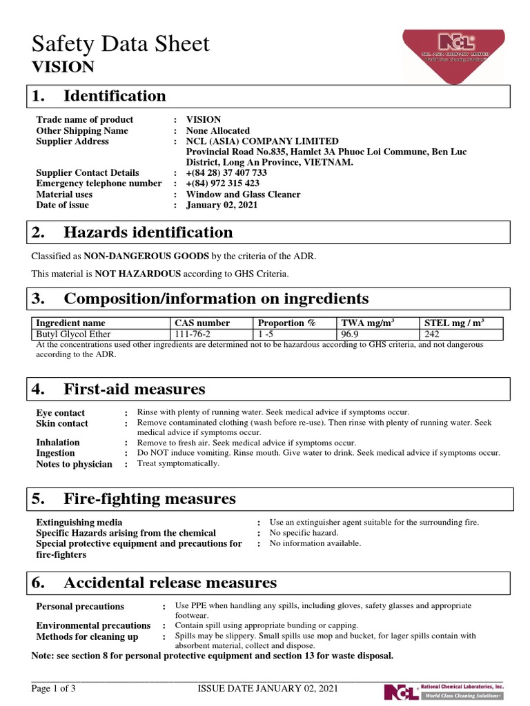 Vision SDS Title | PDF | Personal Protective Equipment | Safety