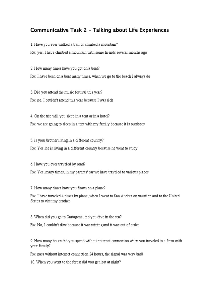 Communicative Task 2 - Talking About Life Experiences | PDF